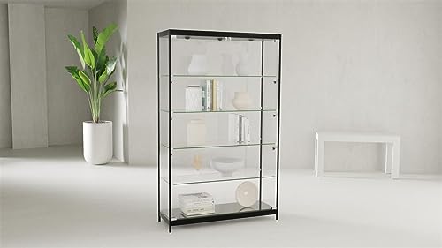 Displays2go 48 Inch Glass Display Case, Nine LED Lights, Four Shelves, Lockable Hinged Doors - Black (LESC4816BK)