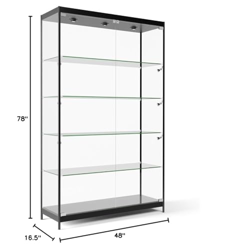 Displays2go 48 Inch Glass Display Case, Nine LED Lights, Four Shelves, Lockable Hinged Doors - Black (LESC4816BK)