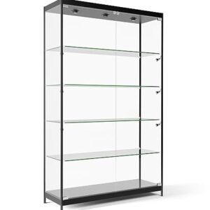 Displays2go 48 Inch Glass Display Case, Nine LED Lights, Four Shelves, Lockable Hinged Doors - Black (LESC4816BK)