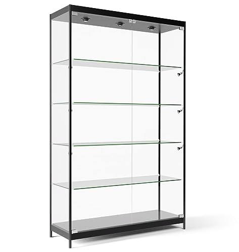 Displays2go 48 Inch Glass Display Case, Nine LED Lights, Four Shelves, Lockable Hinged Doors - Black (LESC4816BK)