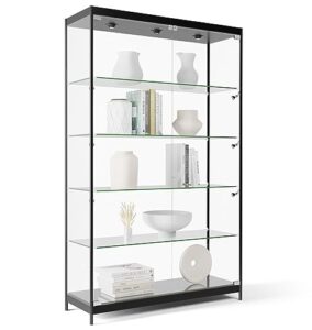 displays2go 48 inch glass display case, nine led lights, four shelves, lockable hinged doors - black (lesc4816bk)