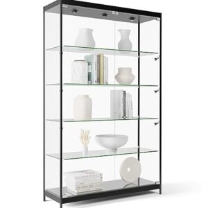 Displays2go 48 Inch Glass Display Case, Nine LED Lights, Four Shelves, Lockable Hinged Doors - Black (LESC4816BK)