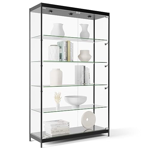 Displays2go 48 Inch Glass Display Case, Nine LED Lights, Four Shelves, Lockable Hinged Doors - Black (LESC4816BK)