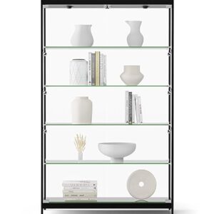 Displays2go 48 Inch Glass Display Case, Nine LED Lights, Four Shelves, Lockable Hinged Doors - Black (LESC4816BK)