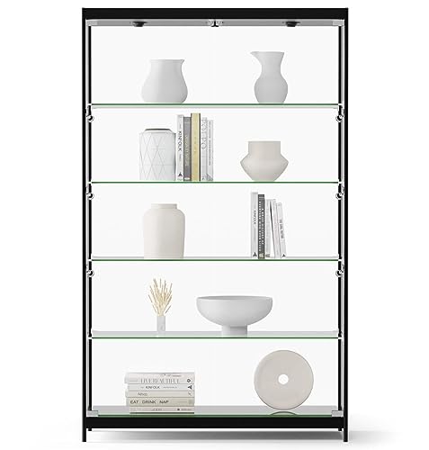 Displays2go 48 Inch Glass Display Case, Nine LED Lights, Four Shelves, Lockable Hinged Doors - Black (LESC4816BK)