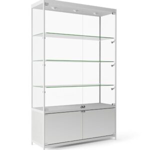 Displays2go 48" Retail Showcase, 7 LED Lights, Storage, Lockable Swinging Doors - Silver (LESC4816SB)