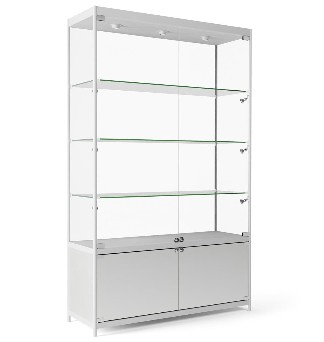 Displays2go 48" Retail Showcase, 7 LED Lights, Storage, Lockable Swinging Doors - Silver (LESC4816SB)