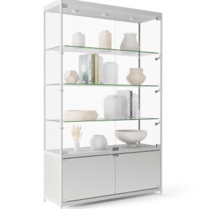 Displays2go 48" Retail Showcase, 7 LED Lights, Storage, Lockable Swinging Doors - Silver (LESC4816SB)