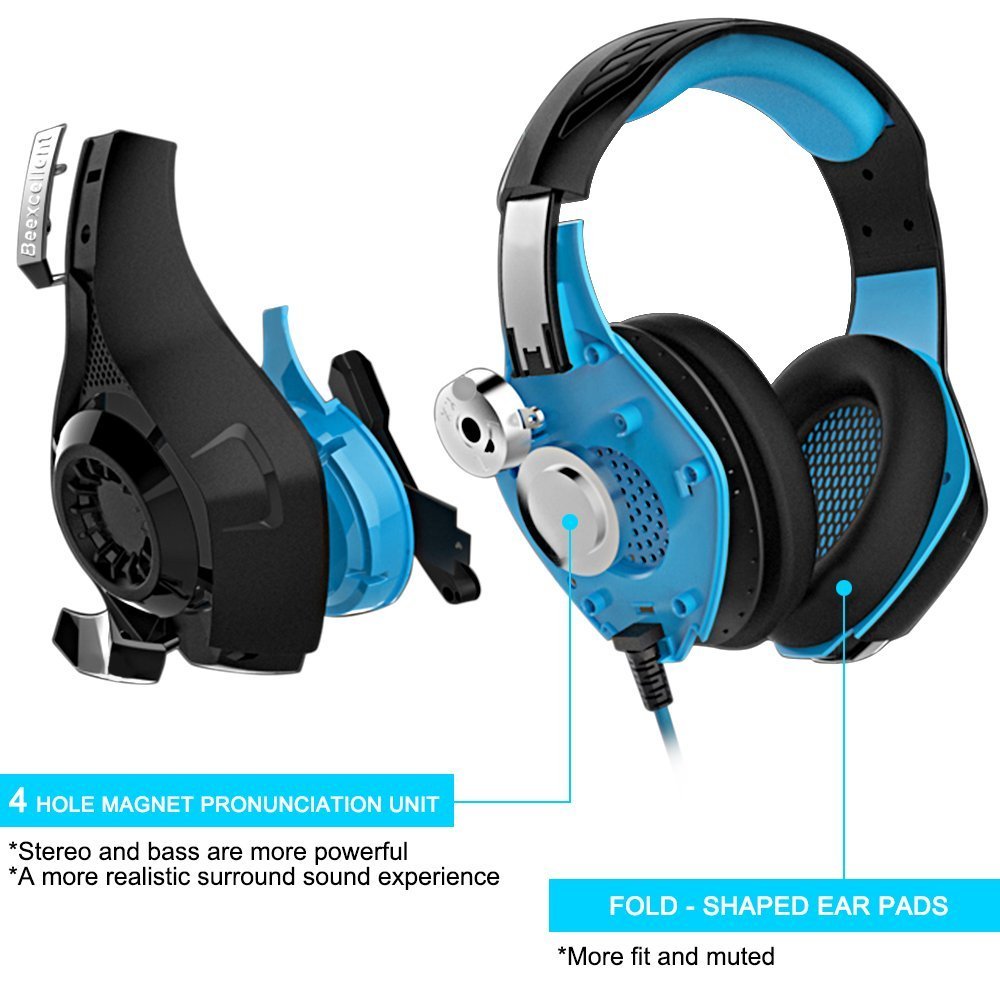 collee 3.5mm Gaming Headset LED Light Over-Ear Gaming with Volume Control, Microphone for PS4 Laptop, Tablet, PSP, Xbox, Mobile Phones(Black+Blue)