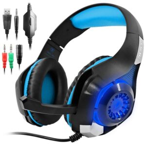 collee 3.5mm gaming headset led light over-ear gaming with volume control, microphone for ps4 laptop, tablet, psp, xbox, mobile phones(black+blue)