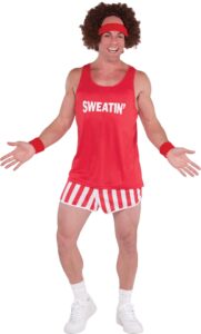 red fitness instructor costume set - adult standard size workout outfit (includes red wig, headband and wristbands) - ideal for costume parties, gym workout sessions, fitness events & more, pack of 3