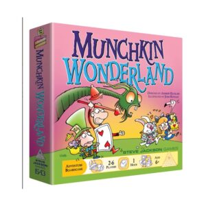 munchkin wonderland board game | family board and card game | for adults and kids | fantasy adventure | ages 6+ | for 2-6 players | average play time 60 minutes | from steve jackson games