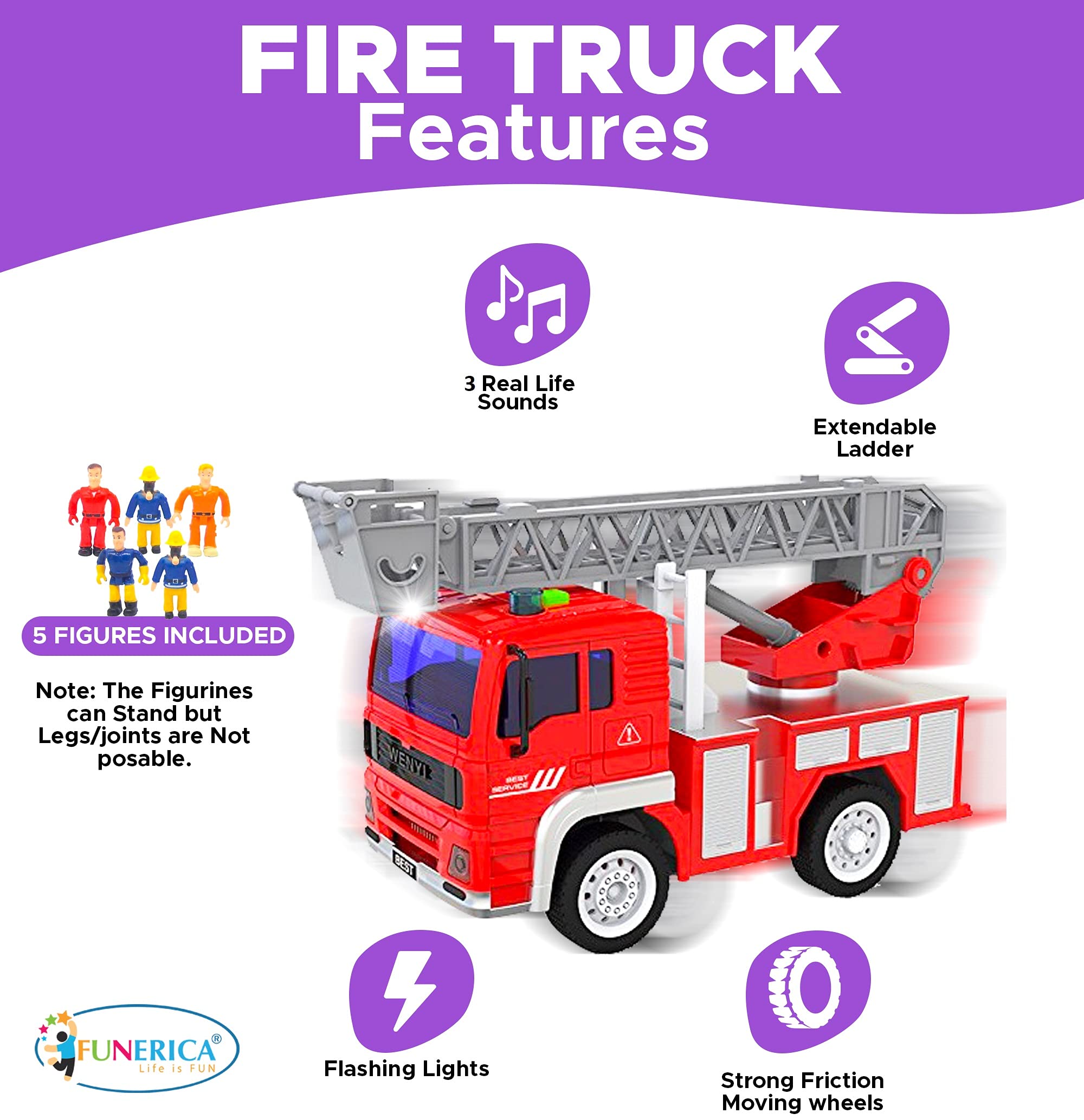 FUNERICA Compact Fire Truck Toy Set with Fireman Play Figures - Lights and Sounds, Friction Wheels - Perfect Firetruck Toys for 3 Year Old Boys and Toddlers