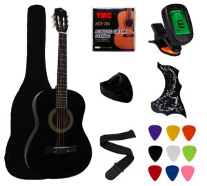 ymc 38" coffee beginner acoustic guitar starter package student guitar with gig bag,strap, 3 thickness 9 picks,2 pickguards,pick holder, extra strings, electronic tuner -coffee