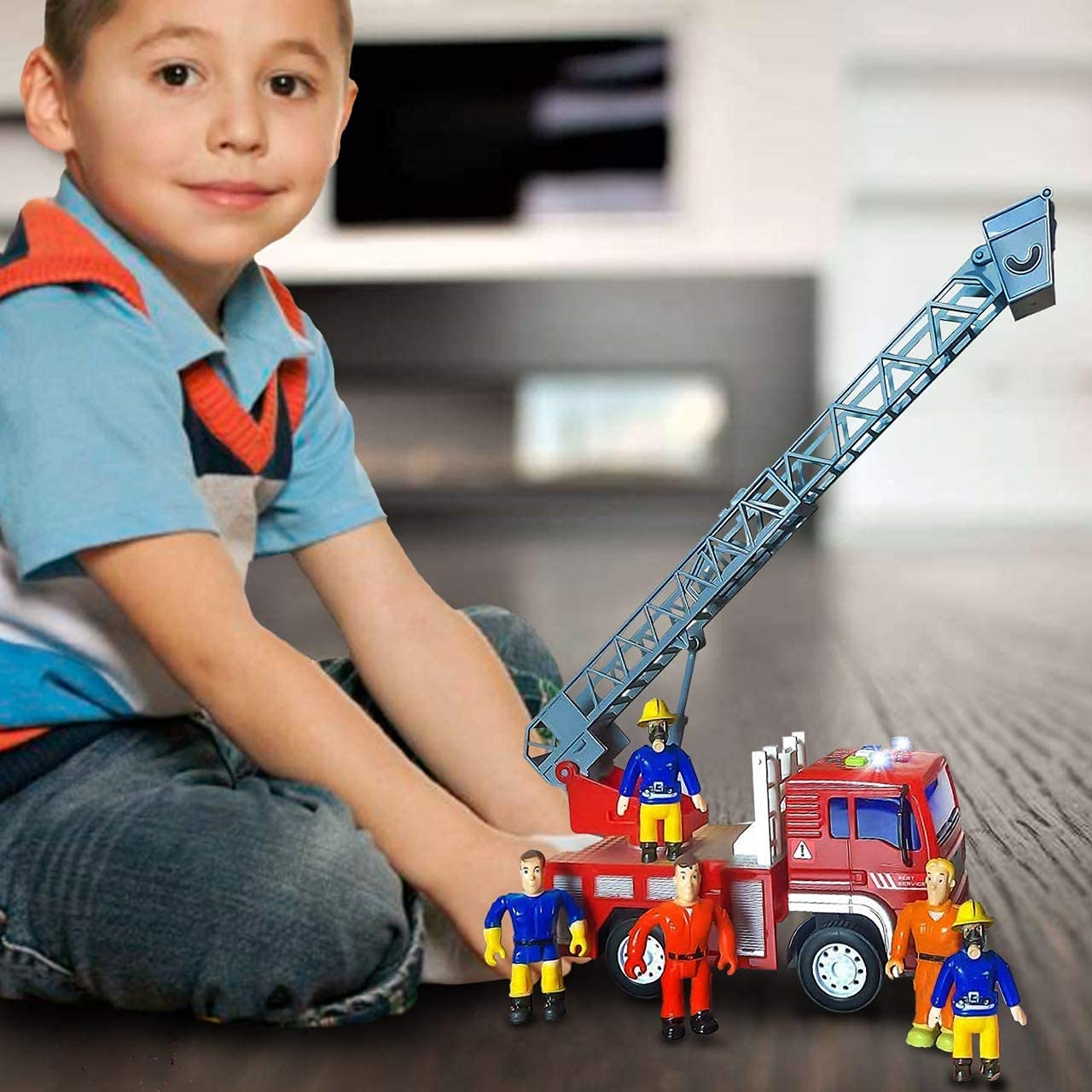 FUNERICA Compact Fire Truck Toy Set with Fireman Play Figures - Lights and Sounds, Friction Wheels - Perfect Firetruck Toys for 3 Year Old Boys and Toddlers