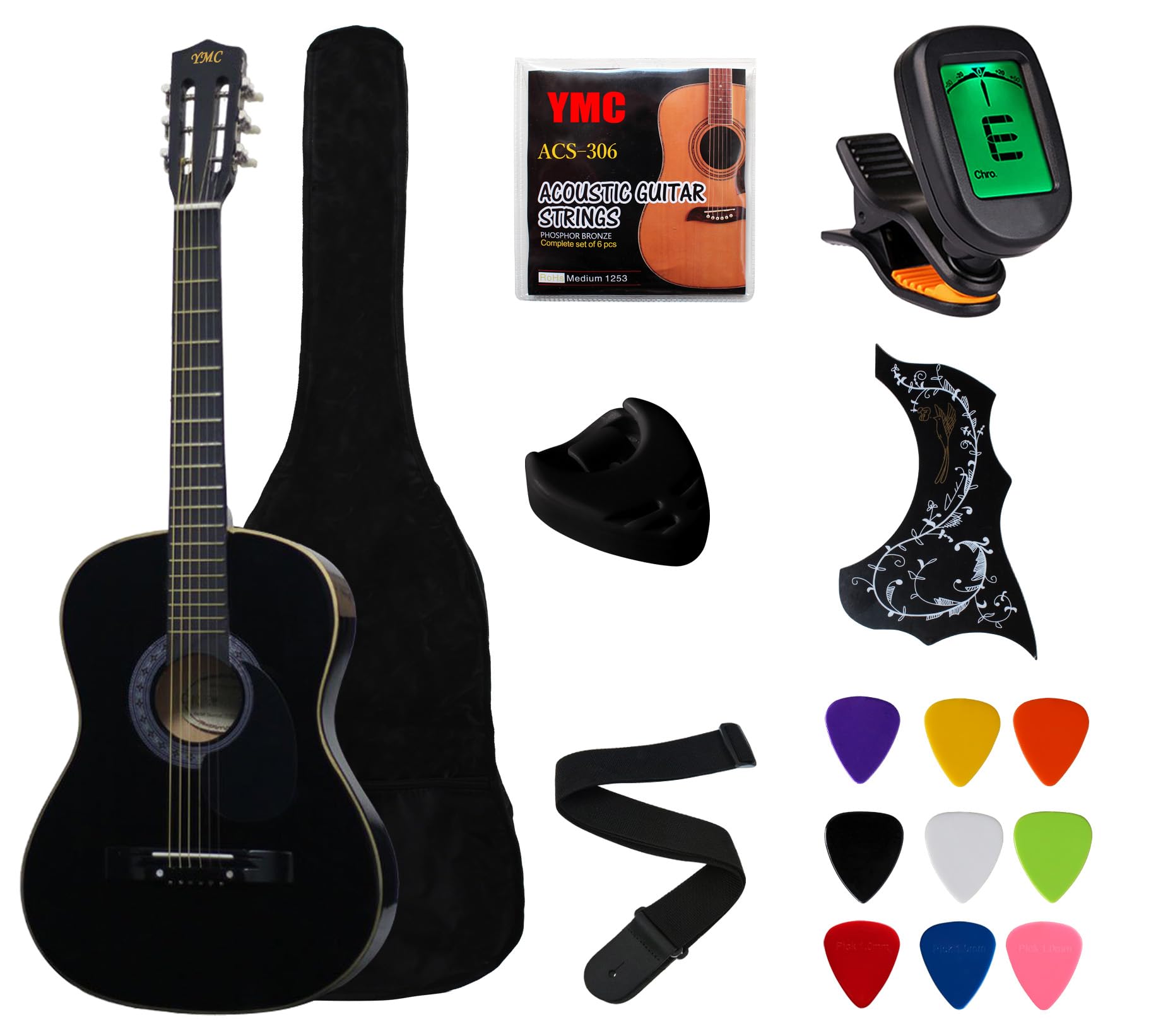 YMC 38" Coffee Beginner Acoustic Guitar Starter Package Student Guitar With Gig Bag,Strap, 3 Thickness 9 Picks,2 Pickguards,Pick Holder, Extra Strings, Electronic Tuner -Coffee