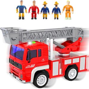 funerica compact fire truck toy set with fireman play figures - lights and sounds, friction wheels - perfect firetruck toys for 3 year old boys and toddlers