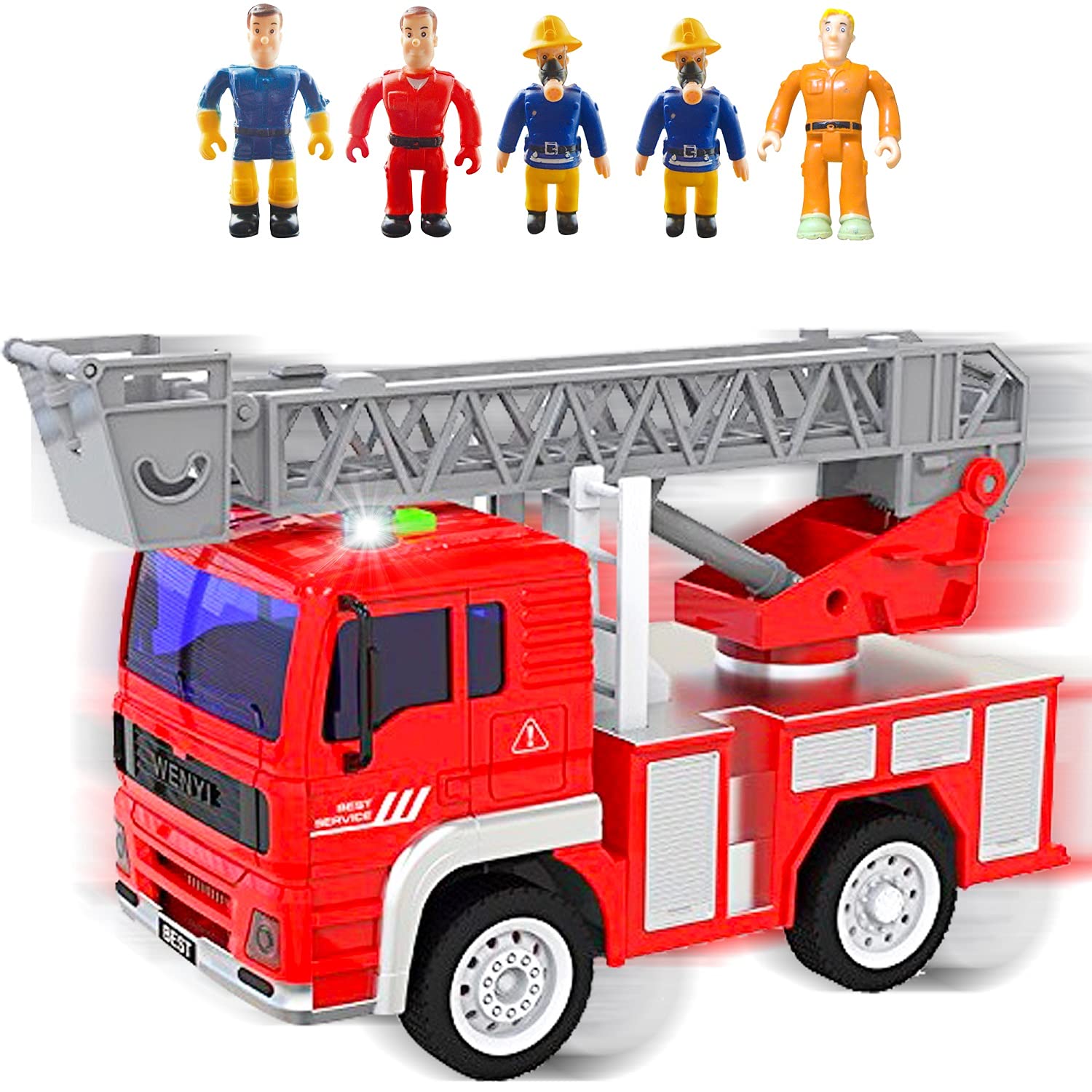 FUNERICA Compact Fire Truck Toy Set with Fireman Play Figures - Lights and Sounds, Friction Wheels - Perfect Firetruck Toys for 3 Year Old Boys and Toddlers