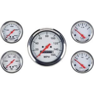 5-gauge set complete kit: 3-3/8" mechanical speedometer, 2-1/16" component gauges with white face, red pointer & chrome bezel, includes tubing, adapters, fuel level sender