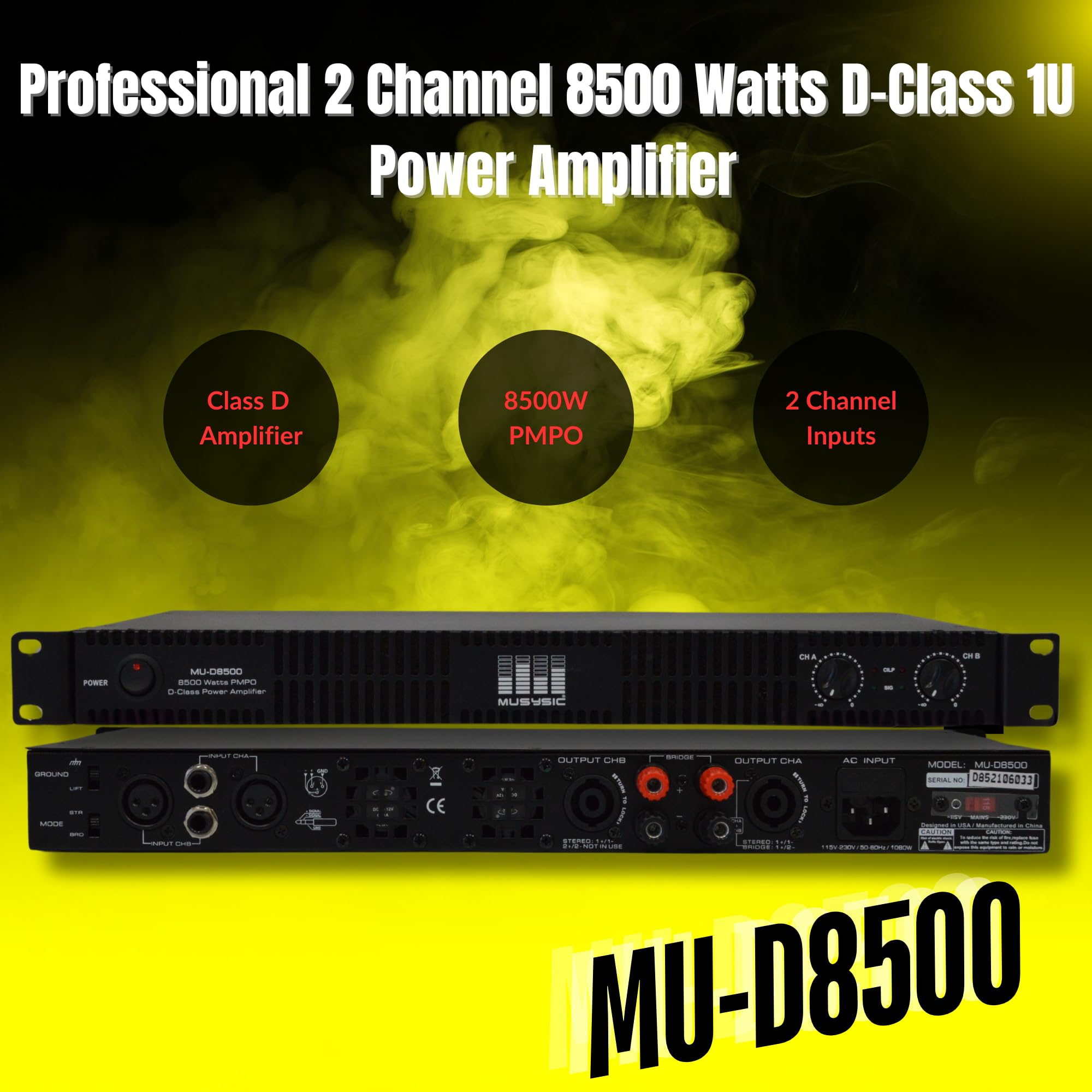 MUSYSIC 2-Channel Digital High-Performance Amplifier D Class with XLR and 1/4-inch TRS inputs Stereo Bridge Power for Power Amplifier Use in Concerts Functions and at Home D Class 2U - 8500 Watts