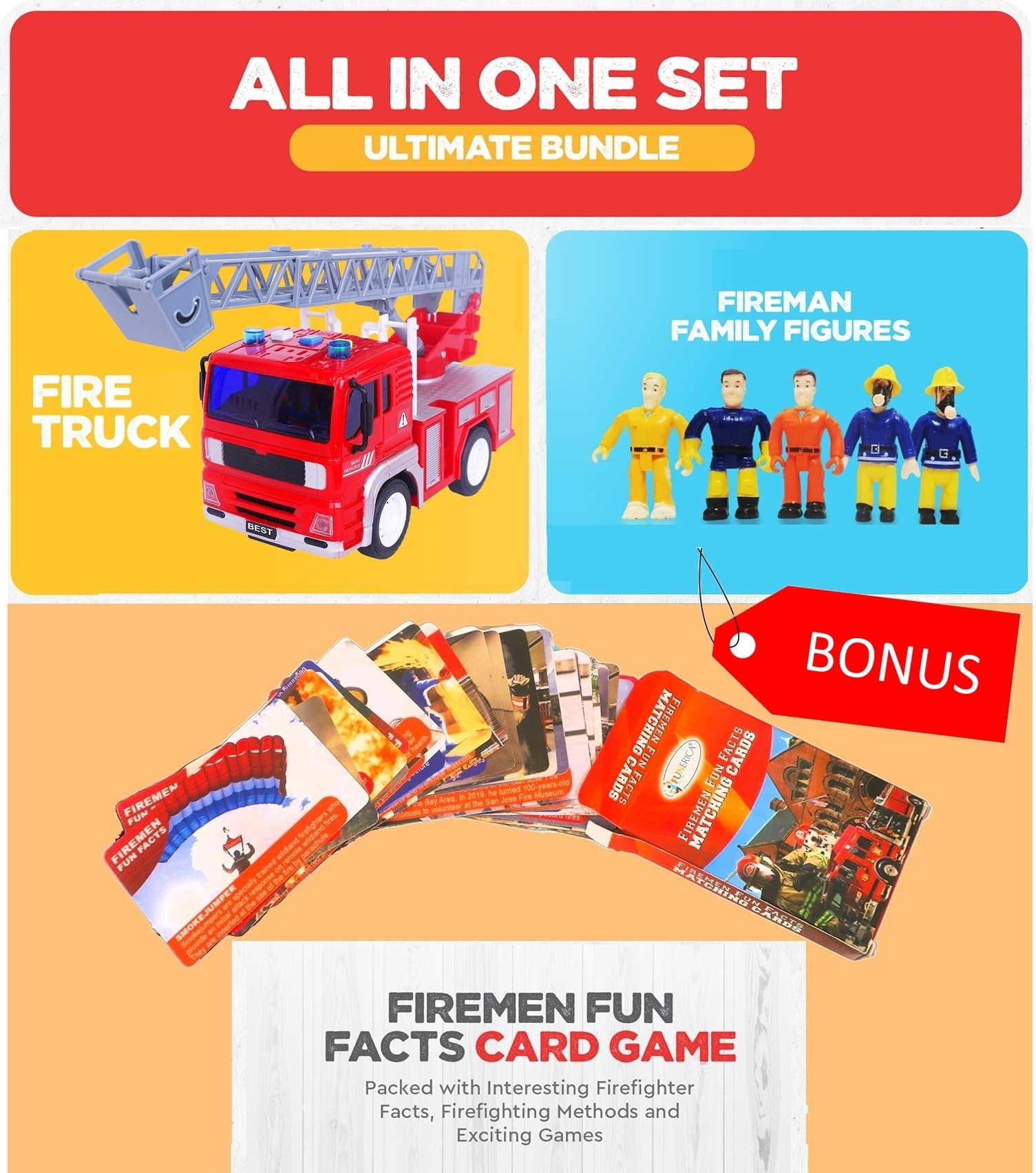 FUNERICA Compact Fire Truck Toy Set with Fireman Play Figures - Lights and Sounds, Friction Wheels - Perfect Firetruck Toys for 3 Year Old Boys and Toddlers