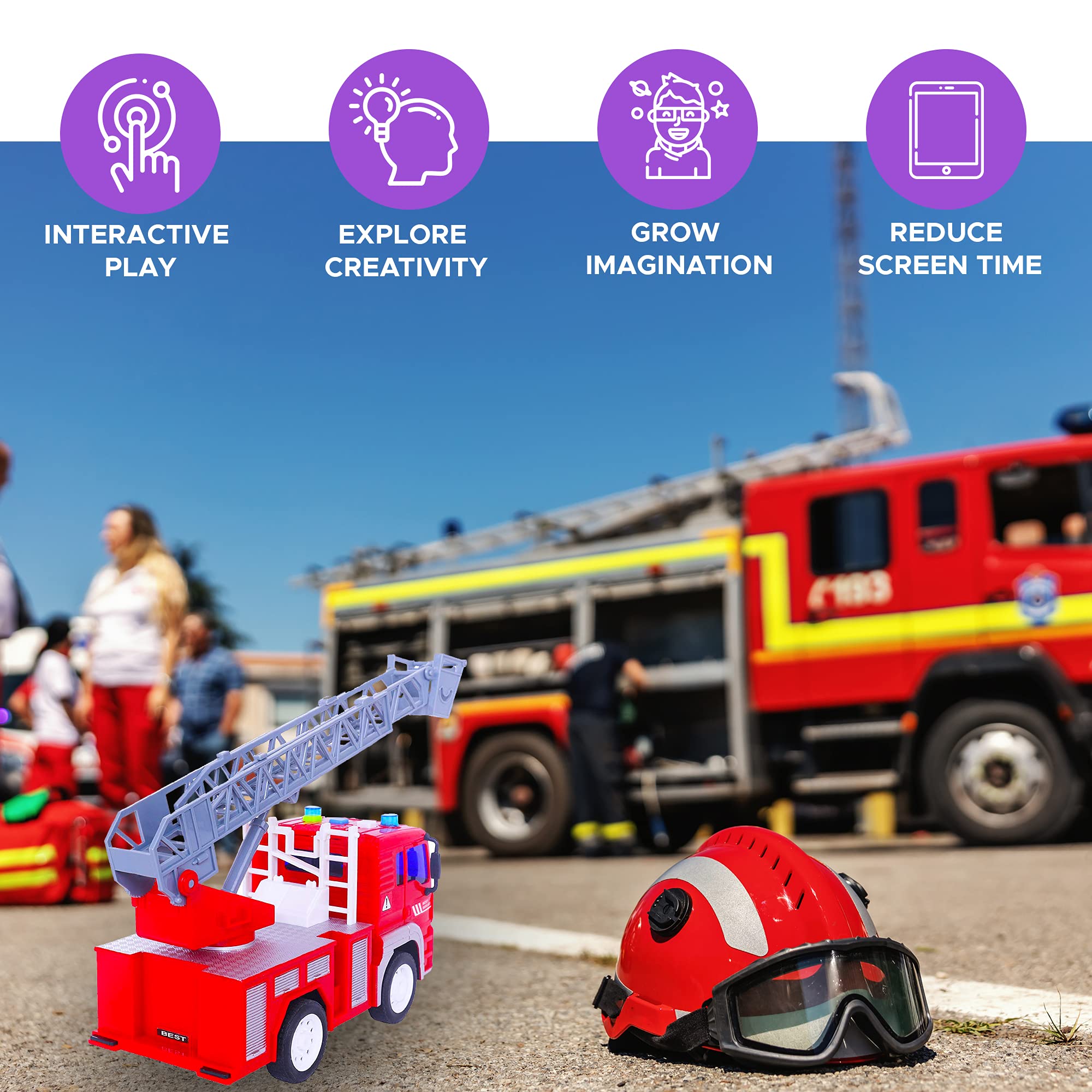 FUNERICA Compact Fire Truck Toy Set with Fireman Play Figures - Lights and Sounds, Friction Wheels - Perfect Firetruck Toys for 3 Year Old Boys and Toddlers