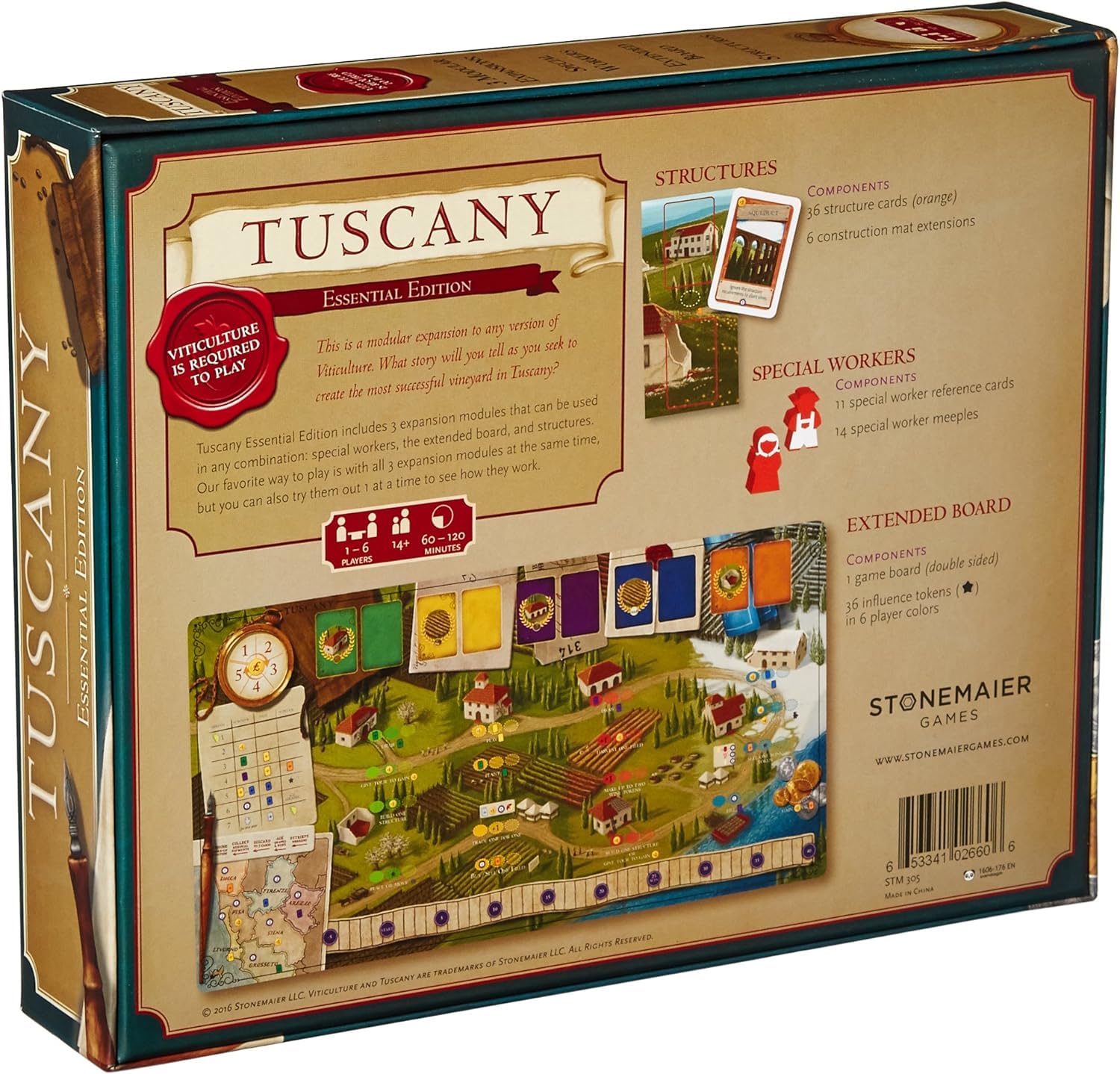 Stonemaier Games Viticulture: Tuscany Expansion Essential Edition, 1-6 Players, Ages 14+, 150 Mins, New Board, Cards, Workers