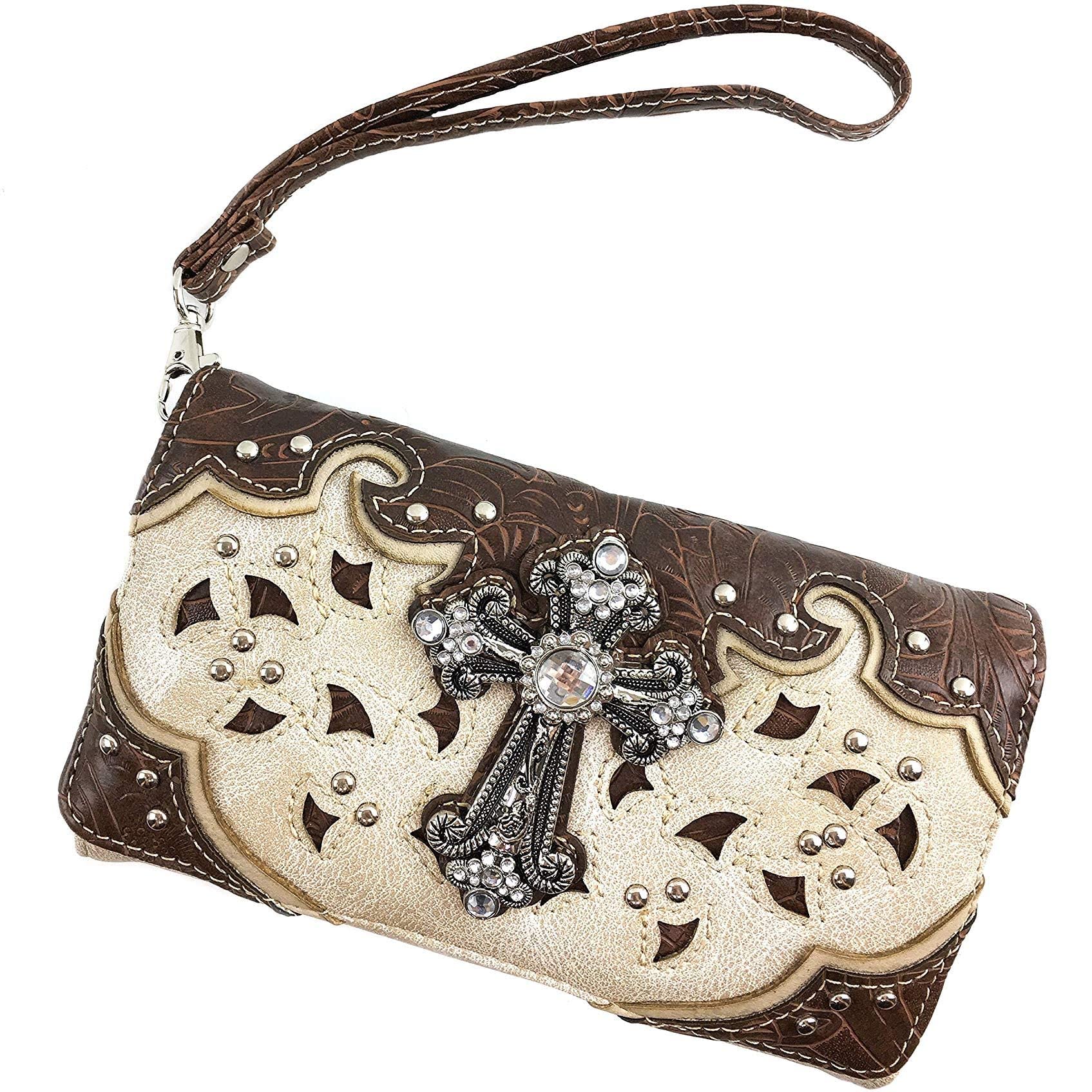 Justin West Western Rhinestone Cross Weaved Leather Laser Cut Floral Design Chain Shoulder Back Conceal Carry Handbag Purse with Flat Wallet (Beige Trifold Wallet)