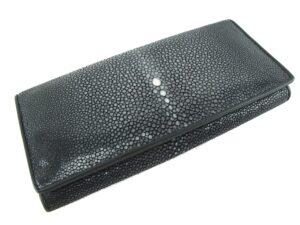 pelgio genuine stingray skin leather women's clutch wallet purse (polished black)