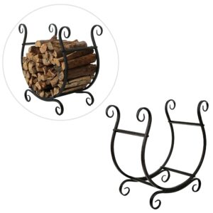 mygift black metal firewood rack, freestanding fireplace log storage holder with scrollwork design