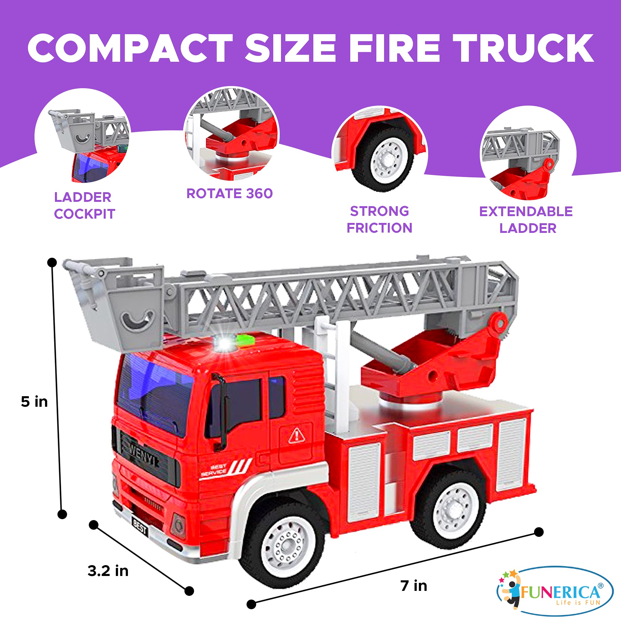 FUNERICA Compact Fire Truck Toy Set with Fireman Play Figures - Lights and Sounds, Friction Wheels - Perfect Firetruck Toys for 3 Year Old Boys and Toddlers