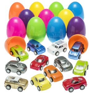 prextex stuffed easter eggs with mini pull-back car inside - plastic easter eggs stuffed - easter egg fillers for toddlers - easter toys basket stuffers/fillers - easter gift/presents stuffed eggs