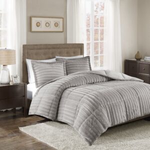 madison park duke luxe faux fur reversible comforter set, soft plush reverse, modern down alternative filling cozy bedding, box quilted warm cover, matching shams, king/california king, grey 3 piece