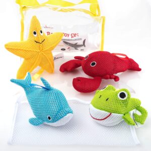 little additions bath toys for toddlers 1-3, baby bath toys with bonus mesh bath toy storage bag with suctions for easy drying, mold free bath toys, toddler bath toys ocean collection