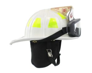 msa 1044xsw cairns fire helmet ess goggles with standard flannel liner, nomex earlap, chinstrap with quick release, postman slide, 6" silk screened eagle and lime/yellow reflexite, white