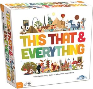 this that & everything party game - race to describe a variety of people, places, and things - a fast paced, easy to learn, crowd pleaser - features 396 cards (ages 12+)