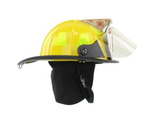 msa 1044fdy cairns fire helmet with 4" tuffshield, deluxe leather, crown pad, pbi/kevlar earlap, nomex chinstrap with quick release, postman slide and 6" carved brass eagle, yellow