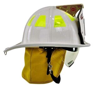 msa 1010ddw cairns fire helmet with defender, deluxe leather, crown pad, pbi/kevlar earlap, nomex chinstrap with quick release, postman slide and 6" carved brass eagle, white