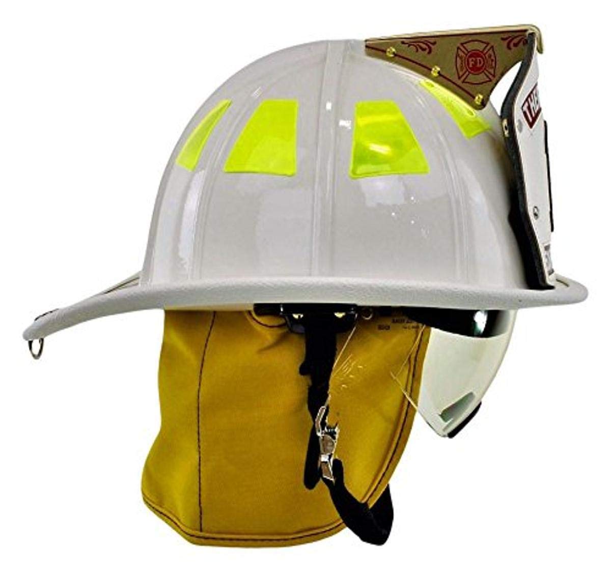 MSA 1010DDW Cairns Fire Helmet with Defender, Deluxe Leather, Crown Pad, PBI/Kevlar Earlap, Nomex Chinstrap with Quick Release, Postman Slide and 6" Carved Brass Eagle, White