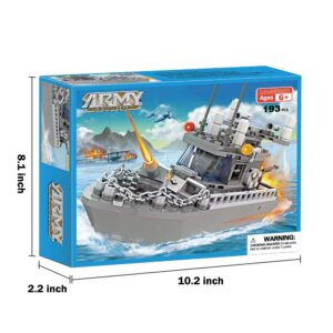 Army Toys Battleship Building Blocks Coast Guard Warship with Solid Hull and Deck Building Set Fun Preschool Educational toys for Boys and Girls 6-12 193 Pcs