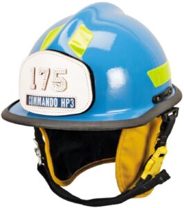 msa hp3dsc cairns commando hp3 fire helmet with defender, standard flannel liner, nomex earlap, chinstrap with quick release, postman slide with tetrabar and lime/yellow reflexite, blue