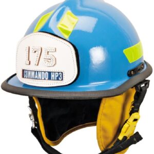 MSA HP3DSC Cairns Commando HP3 Fire Helmet with Defender, Standard Flannel Liner, Nomex Earlap, Chinstrap with Quick Release, Postman Slide with Tetrabar and Lime/Yellow Reflexite, Blue