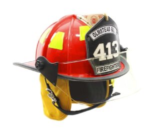 msa 1010fdr cairns fire helmet with 4" tuffshield, deluxe leather, crown pad, pbi/kevlar earlap, nomex chinstrap with quick release, postman slide and 6" carved brass eagle, red