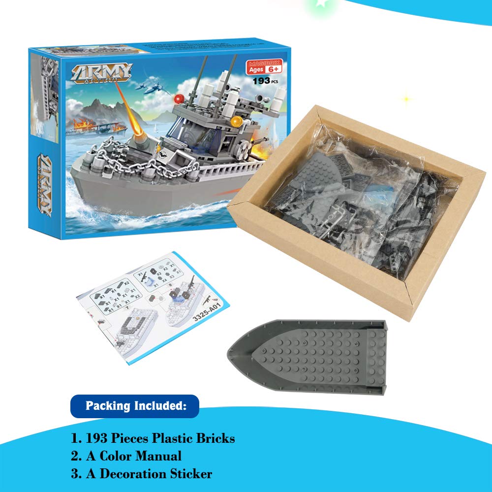 Army Toys Battleship Building Blocks Coast Guard Warship with Solid Hull and Deck Building Set Fun Preschool Educational toys for Boys and Girls 6-12 193 Pcs