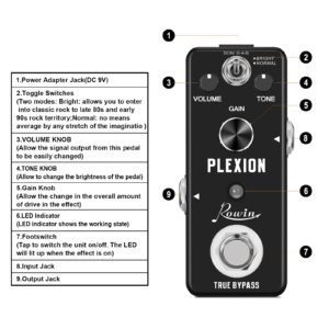 Rowin Plexion Distortion Pedal for Guitar and Bass with Bright and Normal Mode True Bypass