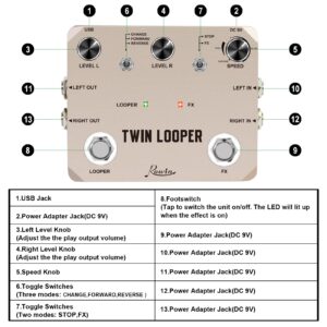 Rowin Twin Looper Station Electric Guitar Effect Pedal Loop Station for Guitarists Golden