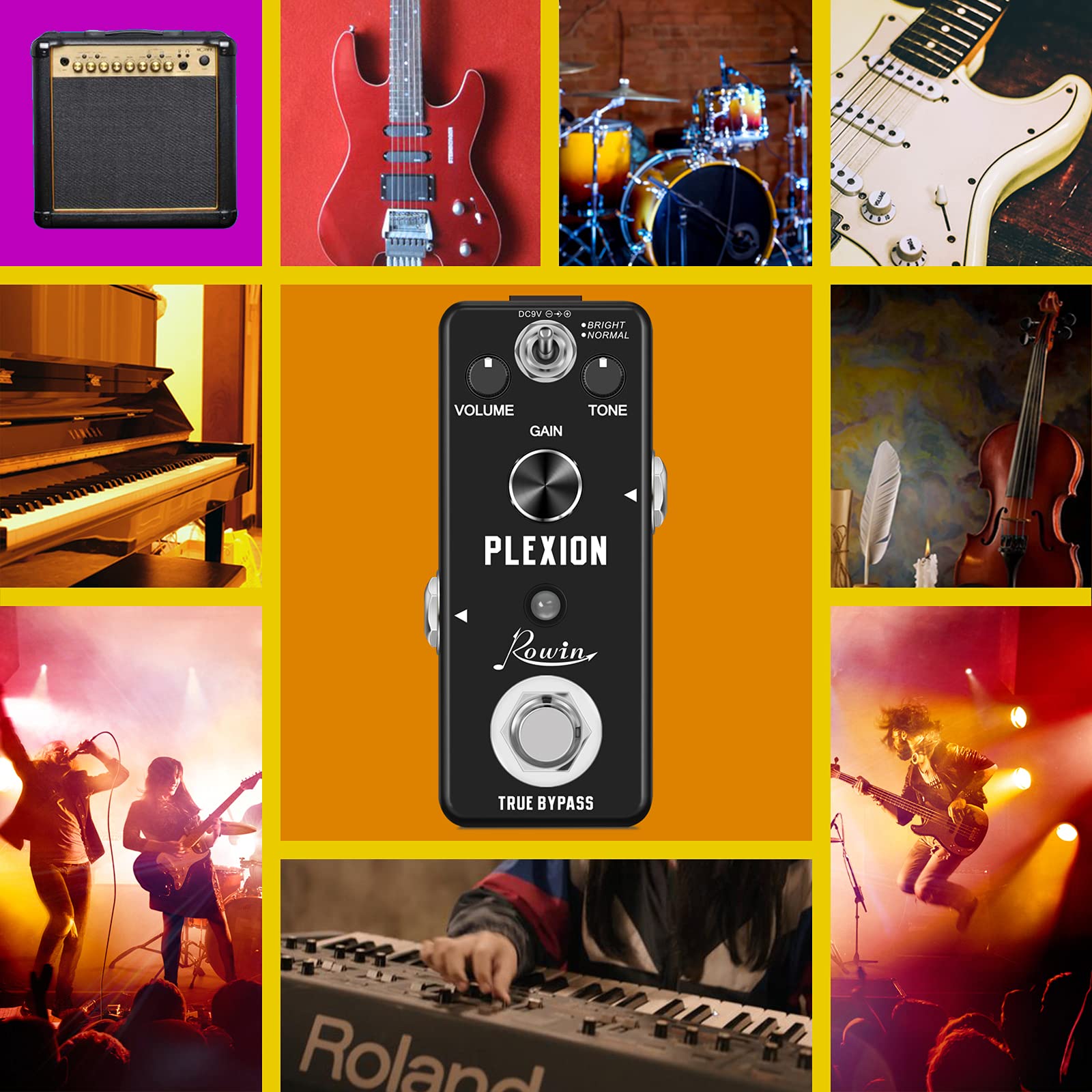 Rowin Plexion Distortion Pedal for Guitar and Bass with Bright and Normal Mode True Bypass