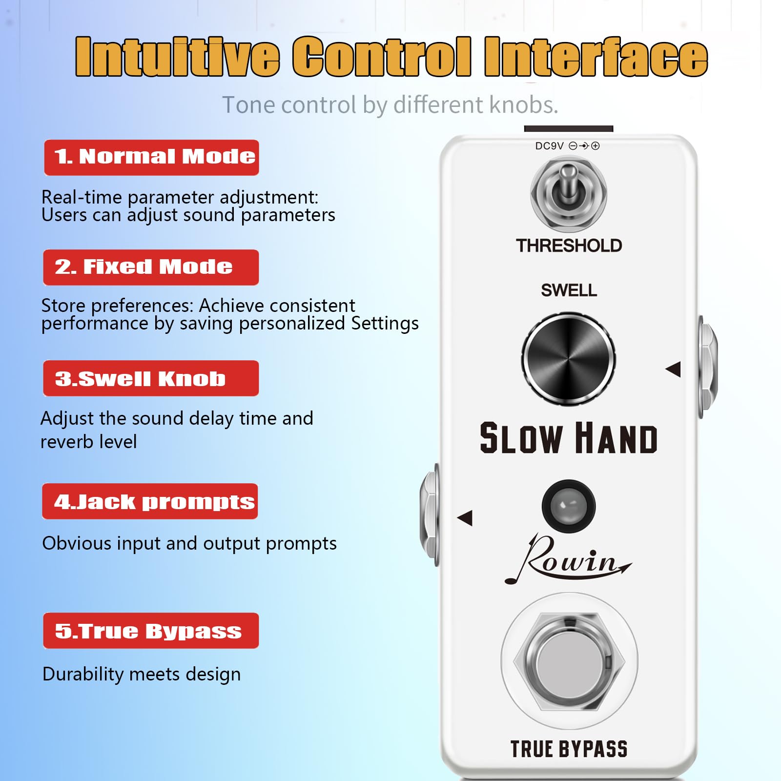 Rowin Digital Slow Hand Guitar Pedal Slow Gear for Electric Guitar Bass True Bypass (LEF-326)