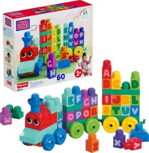 mega bloks first builders toddler building blocks toy set, abc learning train with 60 pieces, ages 1+ years (amazon exclusive)