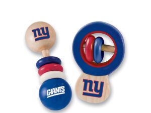 masterpieces nfl new york giants natural wood, non-toxic, bpa, phthalates, & formaldehyde free, baby rattle set, 2 pieces